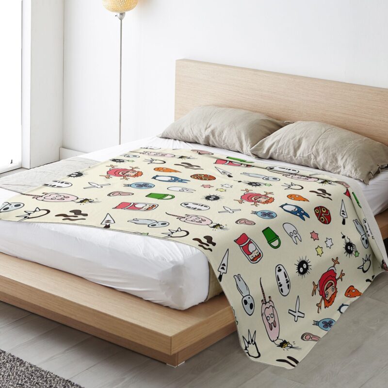 Studio Ghibli Chibi Characters Pattern Sherpa-Style Blanket